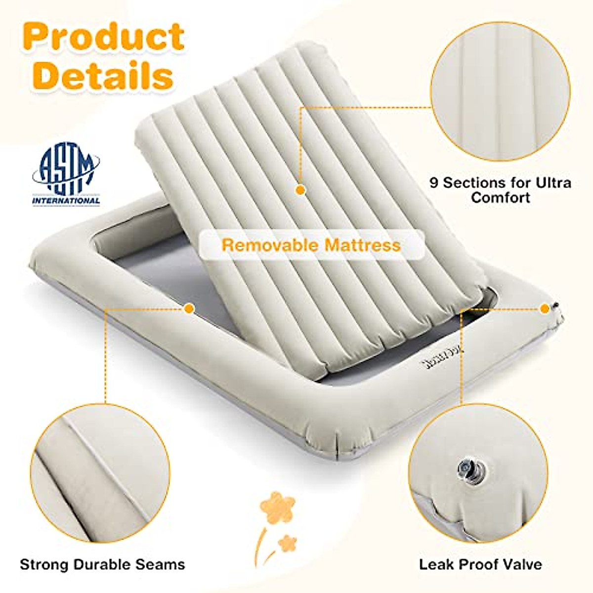 HONEY JOY Inflatable Toddler Travel Bed, Kids Blow Up Air Mattress with Sides, Includes Air Pump, Travel Bag, Repair Kit, Portable Toddler Bed for Travel with Safety Bumpers (Gray)