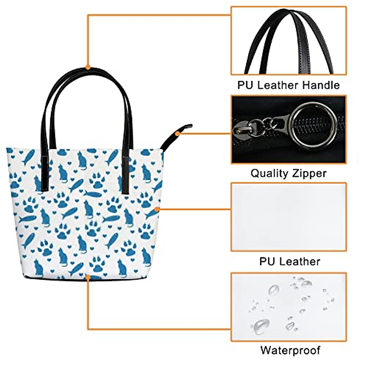 Fashionable women's handbag tote bag, Blue and White Catprinted shoulder bag is light and durable
