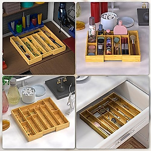 GAOLINE Bamboo Kitchen Drawer Organizer, Expandable Adjustable Silverware Drawer Organizer with 4 Adjustable Boards, Utensil Holder Cutlery Tray for Flatware, Silverware, Kitchen Utensil
