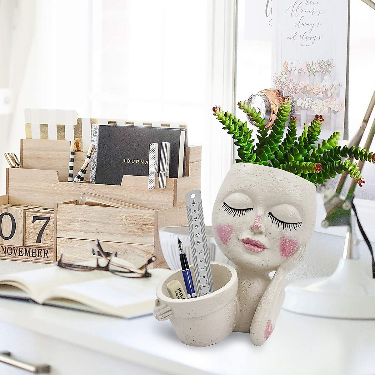 ASDFG Face Plant Pot - Double Flower Pots for Indoor Outdoor Plants Resin Head Planter with Drainage Hole Cute Lady Face Plant Pots, Garden Decoration Planters, Medium