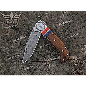 Lara Eagle Personalised Damascus Pocket Knife for Men - 133 Layer Solid Steel Handmade Folding Hunting Knives with Sharpner and Leather Pouch - Best Knife for Camping Hunting Hiking - Father’s Day Gifts for Men Husband Dad