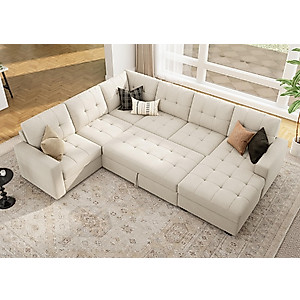 HONBAY Sleeper Sectional Sofa with Pull Out Bed, U Shaped Sectional Sleeper Couch with Storage Chaise, Convertible Sectional Sleeper Sofa Bed, Beige