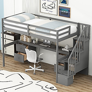 Harper & Bright Designs Twin Size Loft Bed with Storage Stairs and Built-in Desk, Wood Twin Loft Bed with Double Storage Drawers, Space Saving Junior Loft Bed for Kids Girls Boys, Grey