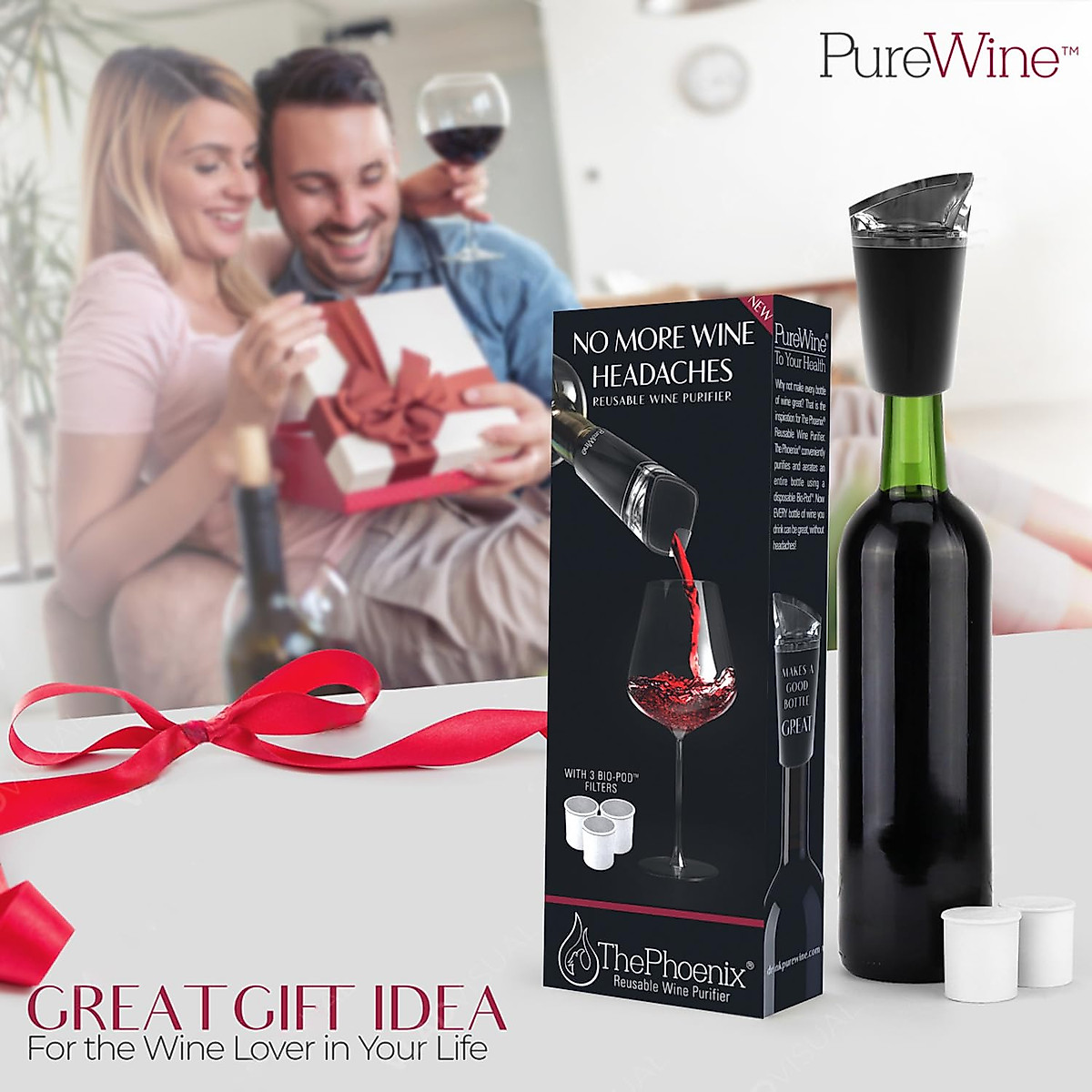 PureWine Phoenix Wine Bottle Filter & Aerator, Reusable Wine Dispenser to Pour Filter Histamine & Sulfites, Aerates & Restores Taste - Noir Starter Kit
