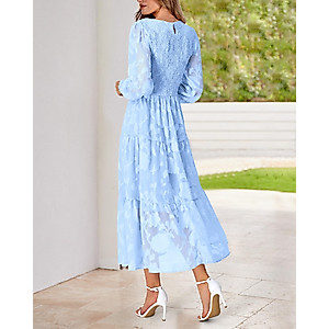 BTFBM Casual Women's 2025 Fall Dresses Elegant Wedding Guest Dress Long Sleeve Floral Midi Dress Flowy Bohemian Long Dress(Blue,X-Large)