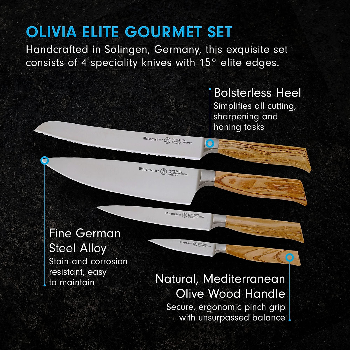 Messermeister Oliva Elite Gourmet Knife Set - Includes 8" Stealth Chef's Knife, 9" Bread Knife, 6" Utility Knife & 3.5" Paring Knife - Rust Resistant & Easy to Maintain
