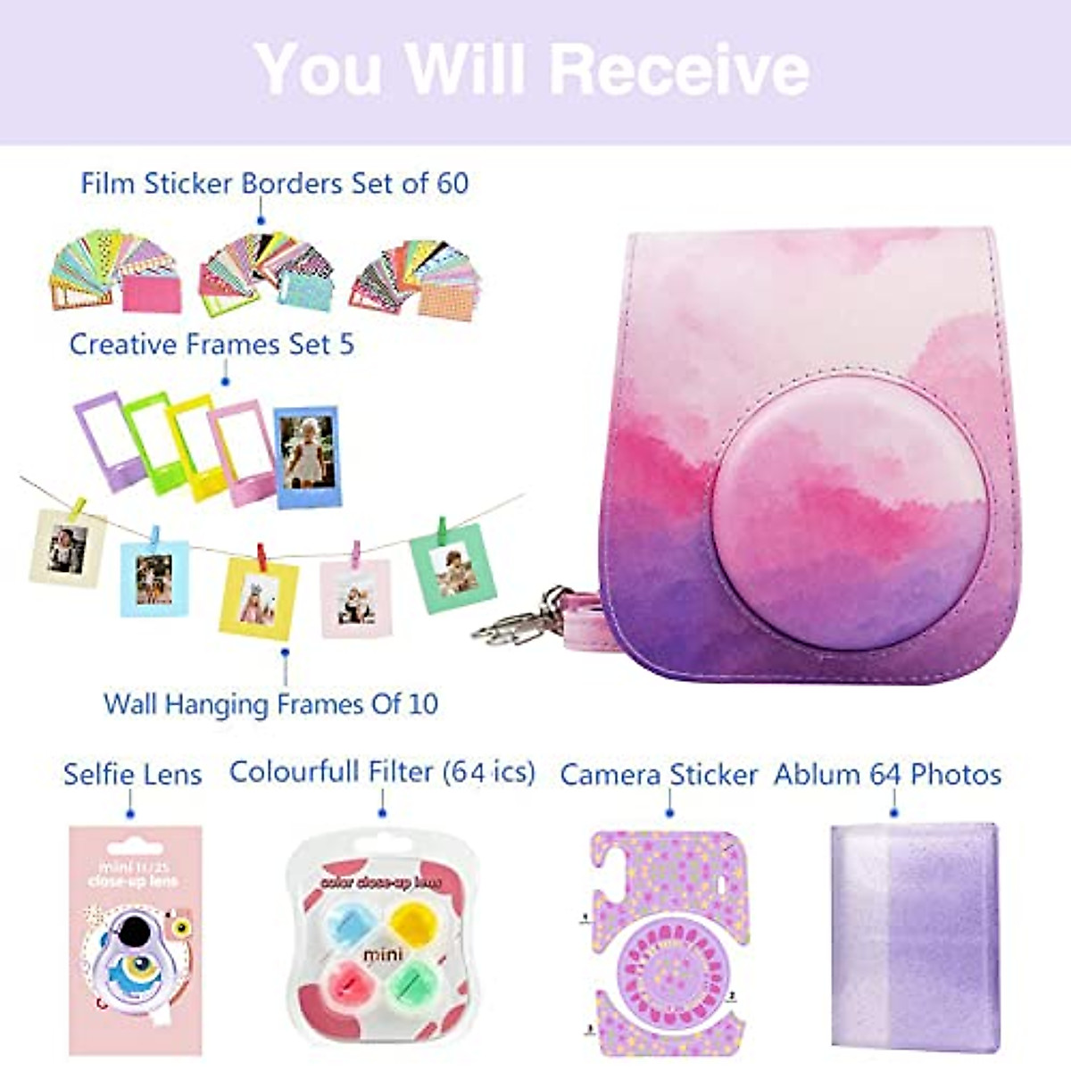 WOGOZAN Case Accessories Kit for Fujifilm Instax Mini 11 Instant Film Camera - Protective Leather Bag Cover with Shoulder Strap - Dream Cloud