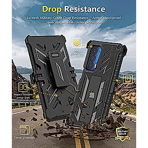 for Motorola Edge 2021 / Moto Edge 5G UW Case: Built-in Screen Protector Kickstand Full-Body Military Grade Three-Layer Protective Shockproof Rugged Phone Cover with Belt Clip Holster Black