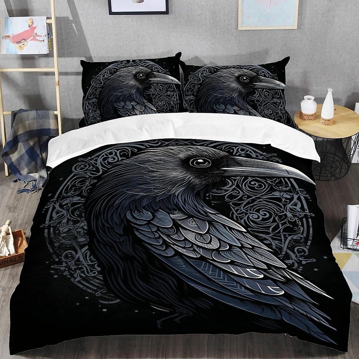 Black Raven Bedding Set - Raven Comforter Raven Crow King Bedding Raven Crow Quilt Queen Size Viking Quilt Raven Comforter Set Crow Raven Duvet Cover Set Full Twin Raven Viking Print Comforter Set
