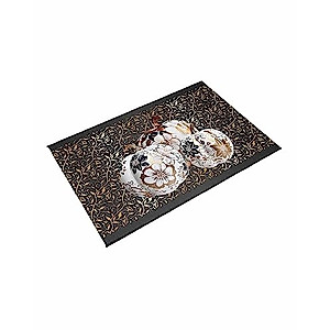 Outdoor Area Rug for Patio,Fall Thanksgiving Pumpkin Black Camping Rugs Indoor Large Floor Mat 5x8ft,White Floral Gold Leaves Outside Carpet for Deck RV Picnic Porch Backyard Bedroom Living Room