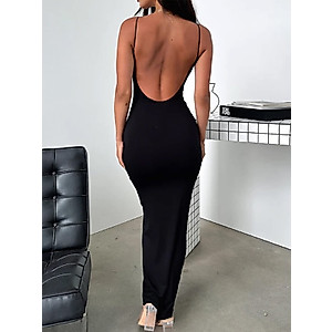 LILLUSORY Birthday Dress Sun Dresses for Women 2023 Summer Casual Sexy Dinner Backless Spaghetti Strap Bodycon Maxi Dresses Ladies Party Date Cami Long Dress Black