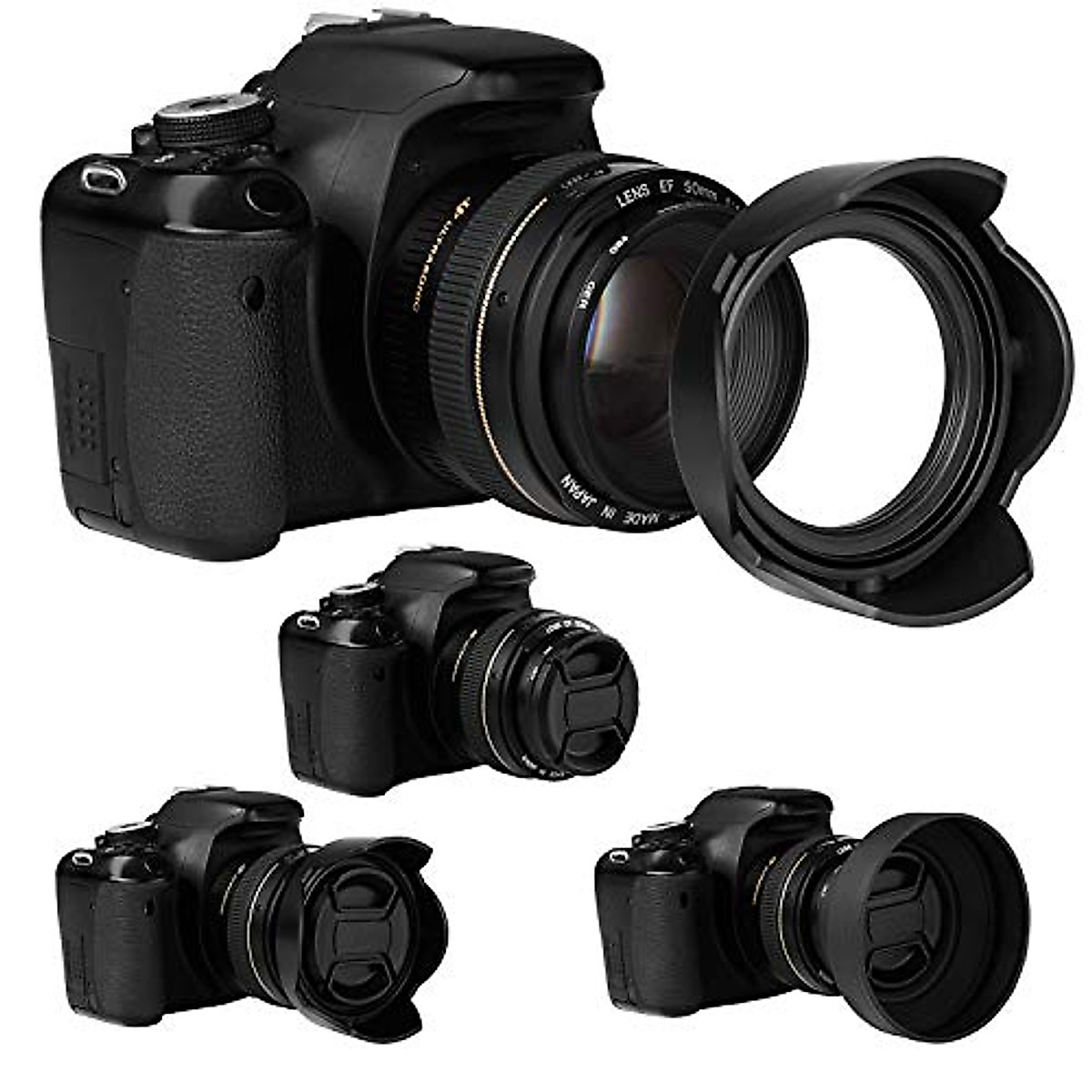 Veatree 52mm Lens Hood Set, Collapsible Rubber Lens Hood with Filter Thread + Reversible Tulip Flower Lens Hood + Center Pinch Lens Cap + Microfiber Lens Cleaning Cloth