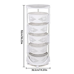 Kaibrite Rotating Kitchen Storage Rack, Multi-Layer Revolving Basket Kitchen Shelf with Wheels, for Kitchen, Bathroom, Laundry Room, Garage, White (5-Layer)