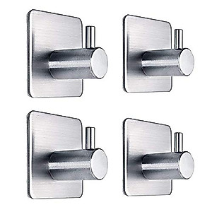 Adhesive Hooks Heavy Duty Wall Hooks Waterproof Stainless Steel Hooks for Hanging Coat, Hat,Towel Robe Hook Rack Wall Mount- Bathroom and Bedroom 4-Packs