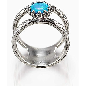 Joolala Ocean of Round Blue Fire Opal 925 Sterling Silver Oxidized Finish Party Band for Women and Teen Girls, Size 9