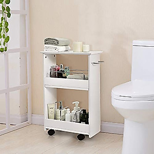 ARLIME 3 Tier Bathroom Storage Cart, Wooden Rolling Storage Cabinet w/ Towel Rack and Side Handle, Lockable Wheel, Side Storage Organizer for Bathroom Kitchen Laundry