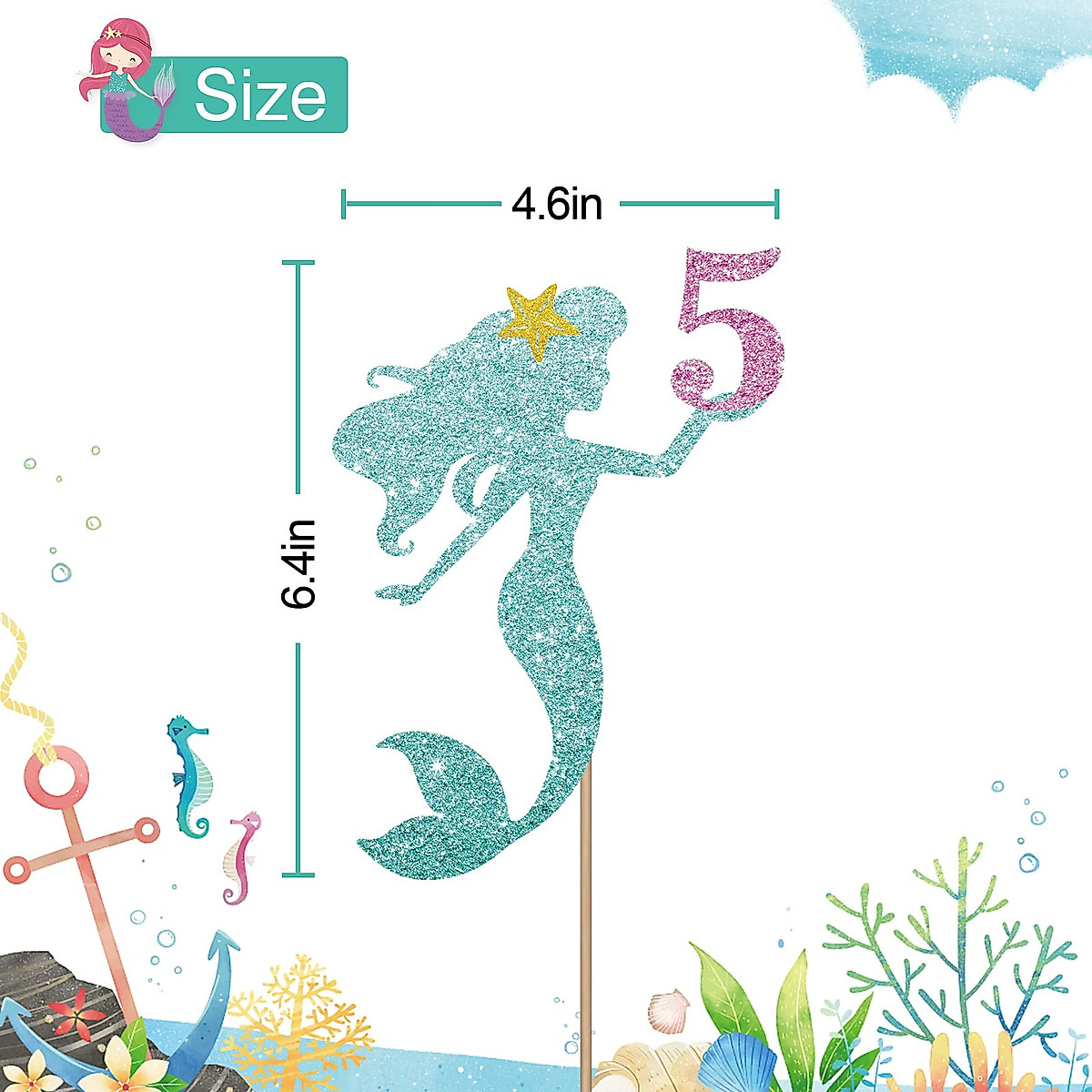 Mermaid 5 Cake Topper, Happy 5th Birthday Cake Decor for Baby Girl, Little Mermaid Birthday Party Decoration, Under the Sea Themed Party Supplies - Blue Glitter