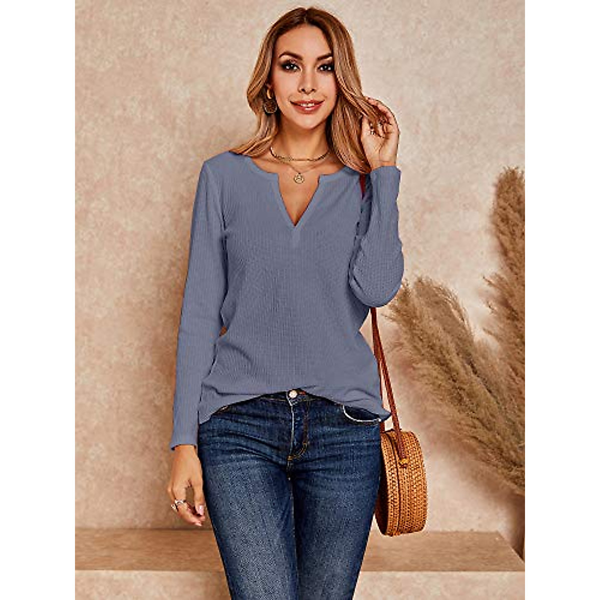 Womens V Neck Shirts Long Sleeve Waffle Knit Loose Fitting Warm Tee Tops Pullover Sweaters (Medium, Dark Blue)