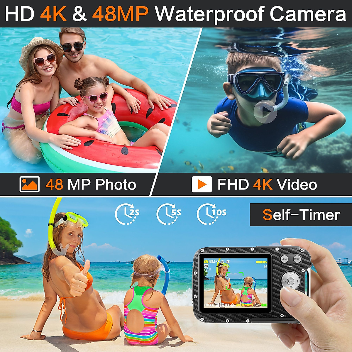 Waterproof Digital Camera, FHD 2.7K Compact Digital Camera for Kids Support 4K 48MP Digital Camera with 32GB Card Point and Shoot Camera Portable Camera for Teens Students Boys Girls Seniors