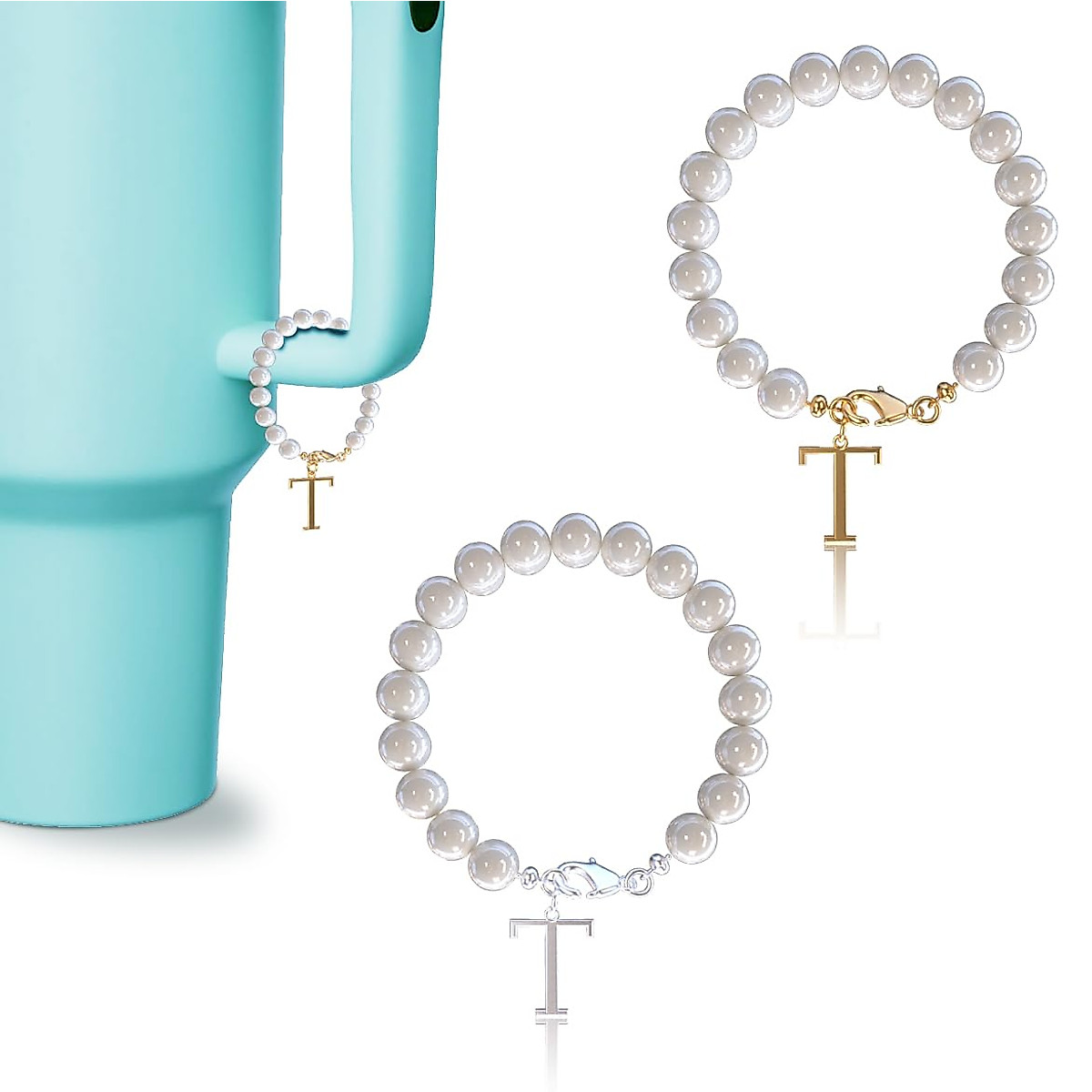 Rzjoke Letter Charm For Stanley Cup 2pcs Pearl Stanley Cup Accessories Charms For Handle, Initial Name Jewelry For Stanley Cup (T)