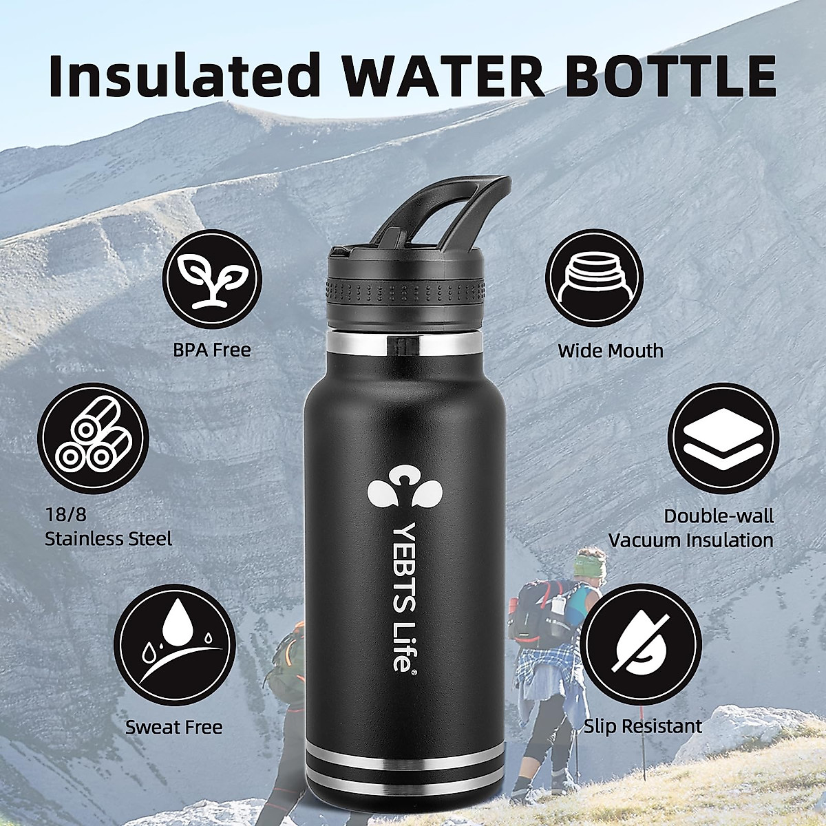 Insulated Water Bottle With Straw,32 oz Vacuum Insulated Stainless Steel Sports Water Flask with 2 Lids & 2 Straws,Keeps Cold and Hot,Metal Water Bottle Wide Mouth for Gym Travel Camping(Black)