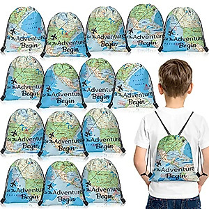 Ferraycle 16 Pieces World Map Drawstring Bags Let the Adventure Begin Travel Farewell Themed Party Decorations Travel Party Candy Goodie Bags for Kids (Classic Style)