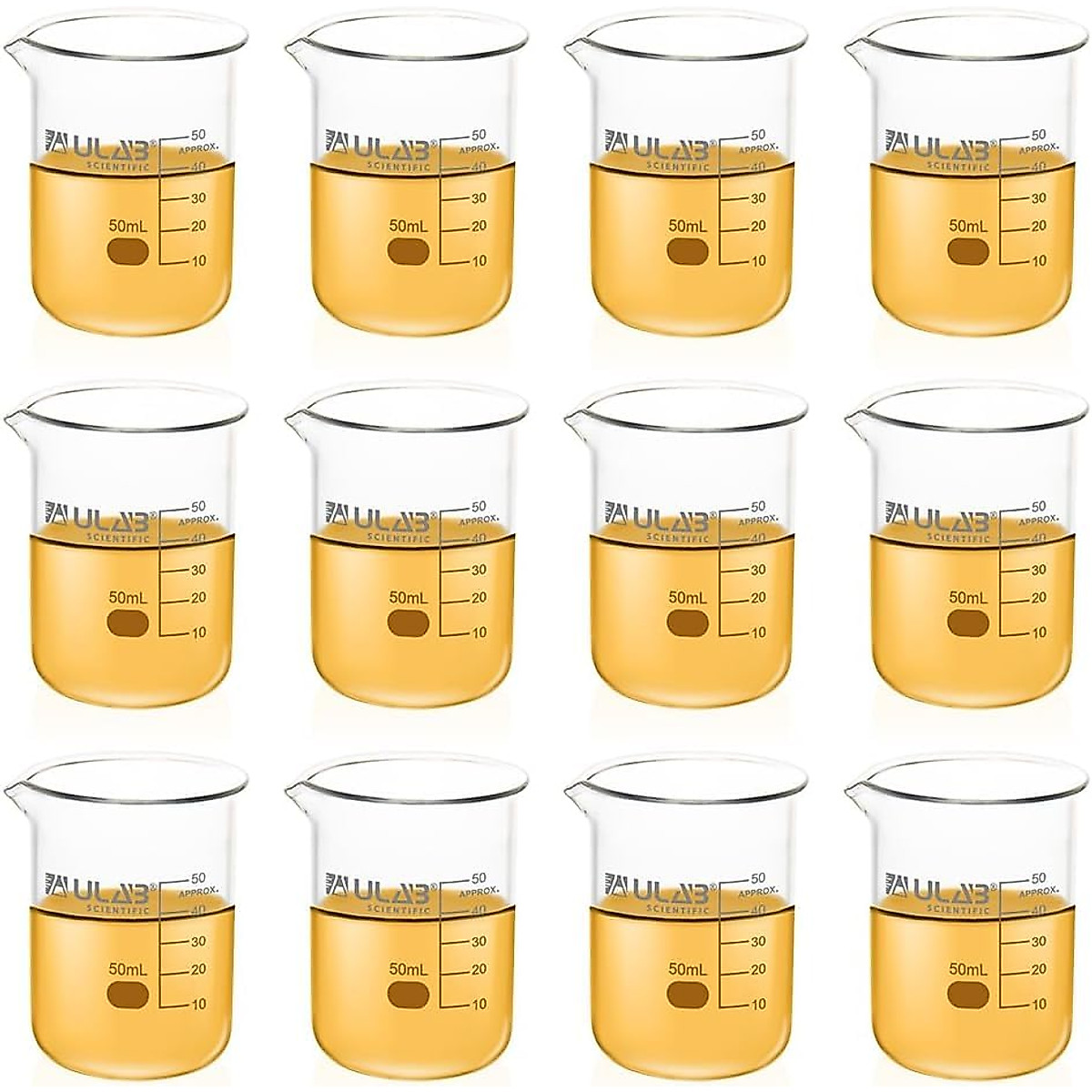 ULAB Scientific Glass Beakers Shot Glass, Vol. 50ml, 3.3 Borosilicate Griffin Low Form with Printed Graduation, Pack of 12, UBG1013