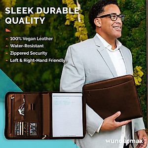 Wundermax Vegan PU Leather Portfolio with Zipper - Business Notebook Organizer for Resume - Padfolio for Men & Women w/Notepad Compatible with 10" iPad/Tablet Pocket Aesthetic School Suppliers, Brown