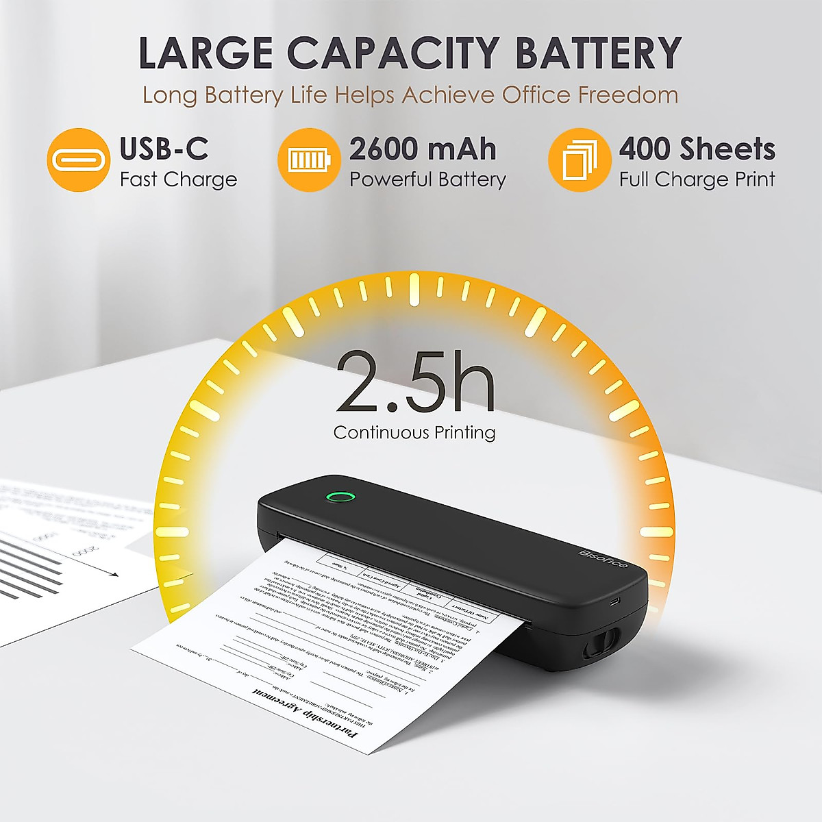 Bisofice A4 Portable Thermal Printer Wireless&USB 2"/3"/4"/8"/8.5" US Letter for Office School, with a Roll Paper Compatible with Win/Mac System Inkless Printing PDF File Webpage Documents (Black)
