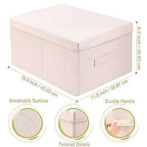 Storage Bin 2 Pack, Large Storage Bins with Lids, Vailando Decorative Storage Boxes Fabric Cotton Linen Collapsible Basket for Bedroom Closet Shelves Office Nursery ( Beige)