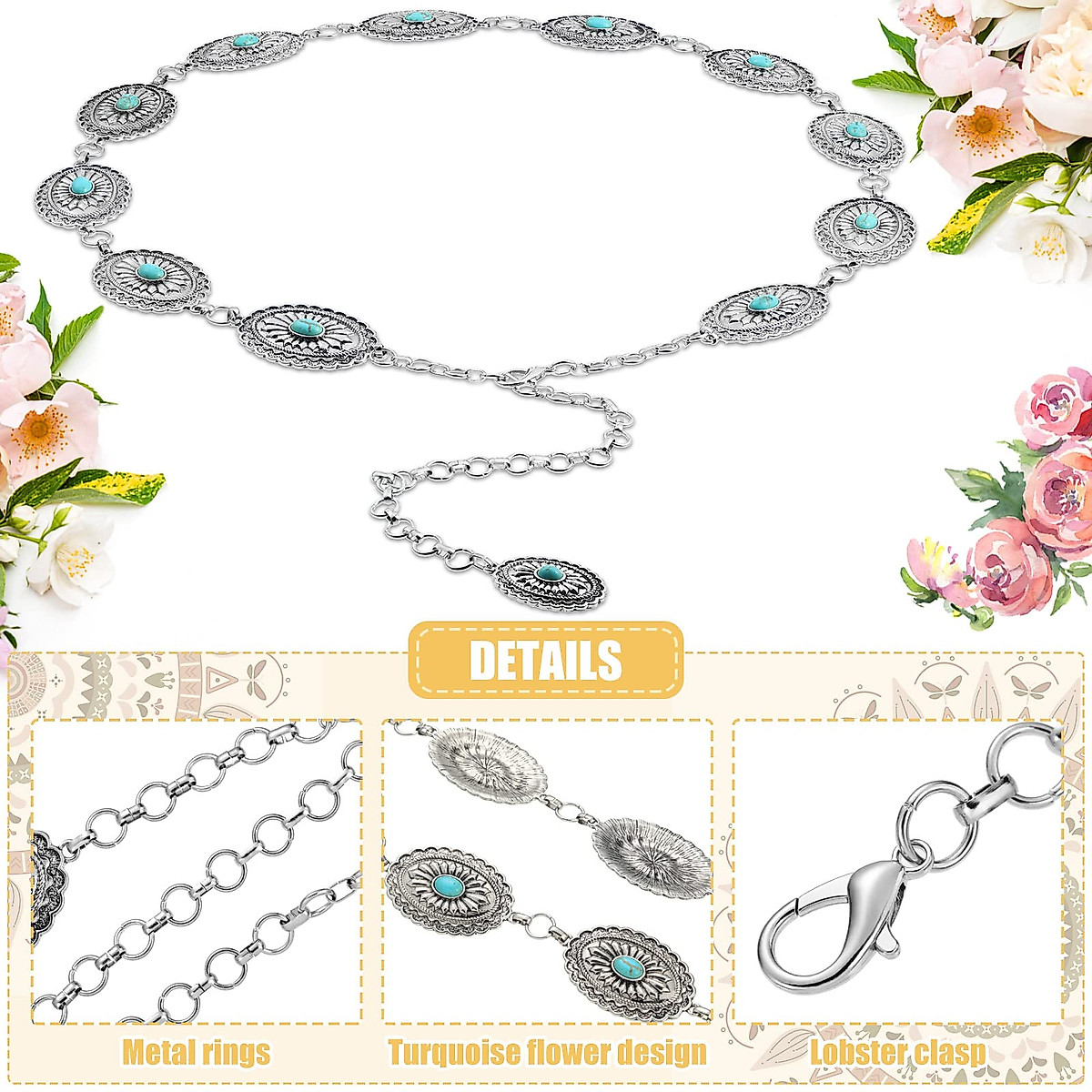 Kenning Turquoise Concho Chain Belt Metal Western Waist Belts for Women Boho Belt 1.2 x 2 Inch Turquoise Drop Statement Post Earrings(Green Turquoise,Retro Style)