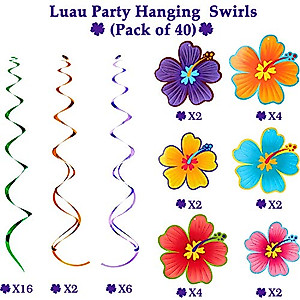 WILLBOND 40 Pieces Hawaiian Tropical Luau Party Hanging Swirls Hanging Hibiscus Swirls Flower Foil Swirl Decorations Ceiling Decorations for Summer Tropical Hawaiian Theme Party Decoration Supplies