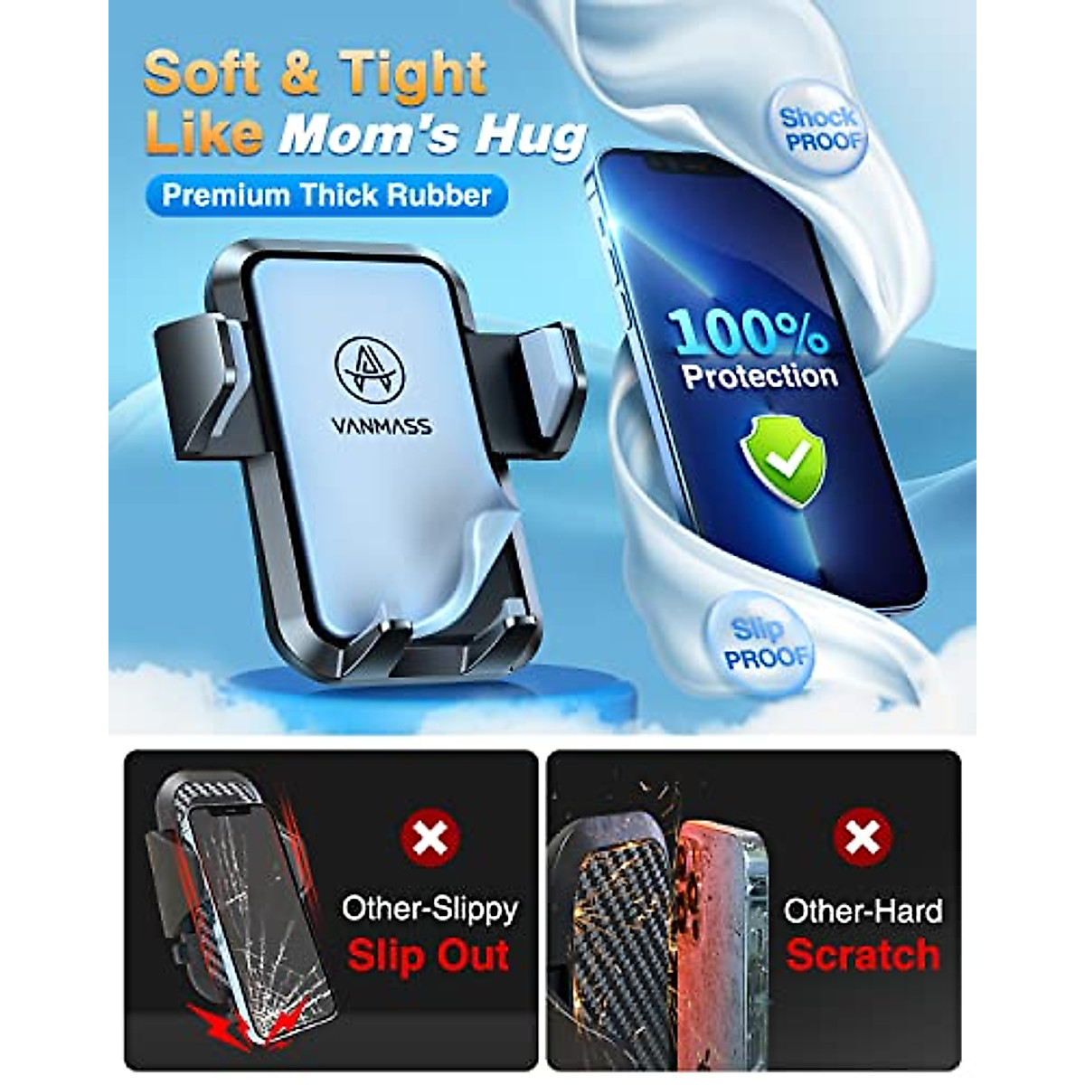 VANMASS [Upgraded] Cell Phone Holder Car [Anti-Slip Soft Silicone & Powerful Suction] Dashboard Windshield Universal Phone Car Mount, Compatible with iPhone 14 13 12 11 Pro Max &Truck/SUV/Jeep (Gray)