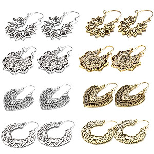 FIBO STEEL 8 Pairs Vintage Mandala Flower Gypsy Drop Dangle Earrings for Women Boho Retro Tribal Hollow Earrings Set