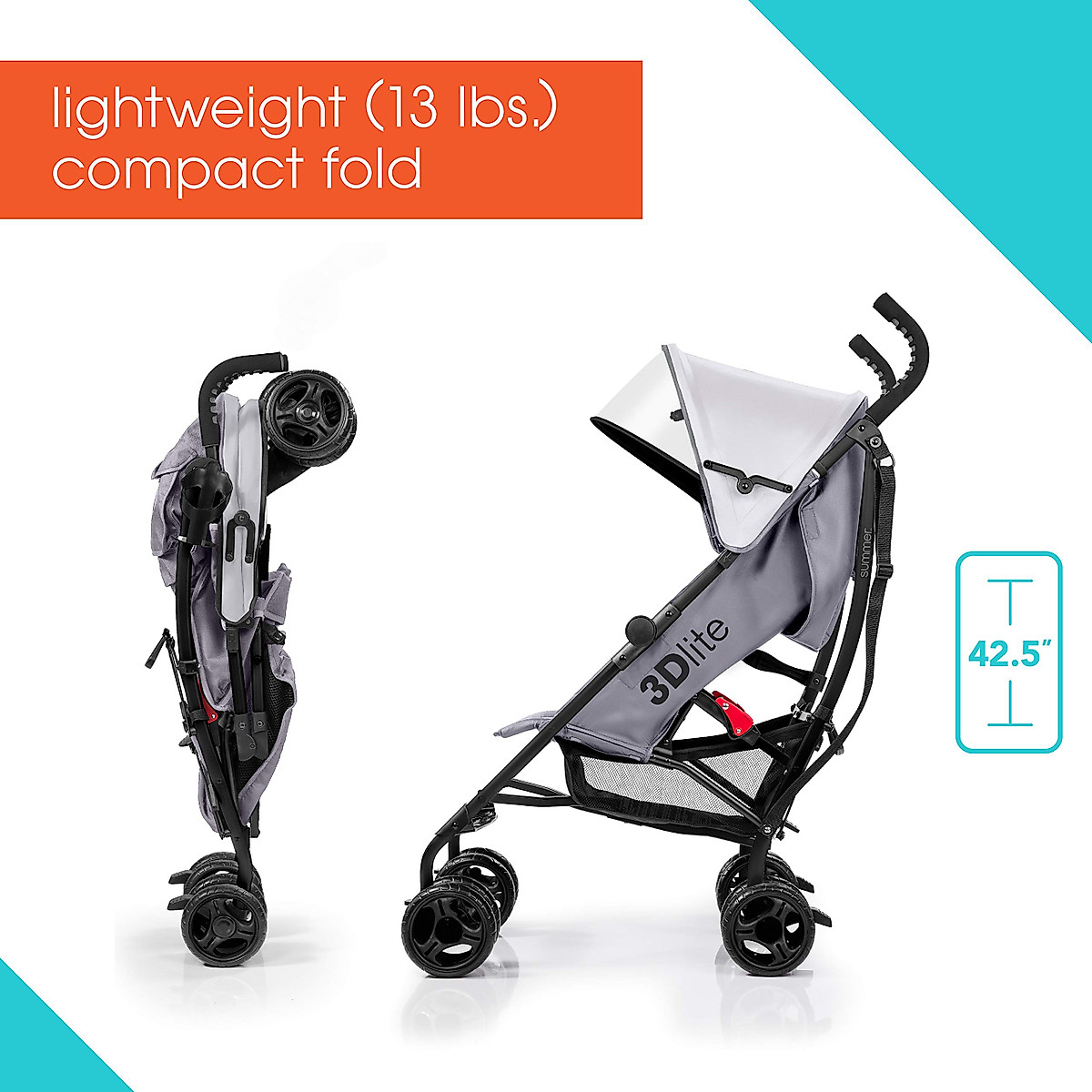 Summer Infant 3Dlite Convenience Stroller, Gray - Lightweight Stroller with Aluminum Frame, Large Seat Area, 4 Position Recline, Extra Large Storage Basket - Infant Stroller for Travel and More