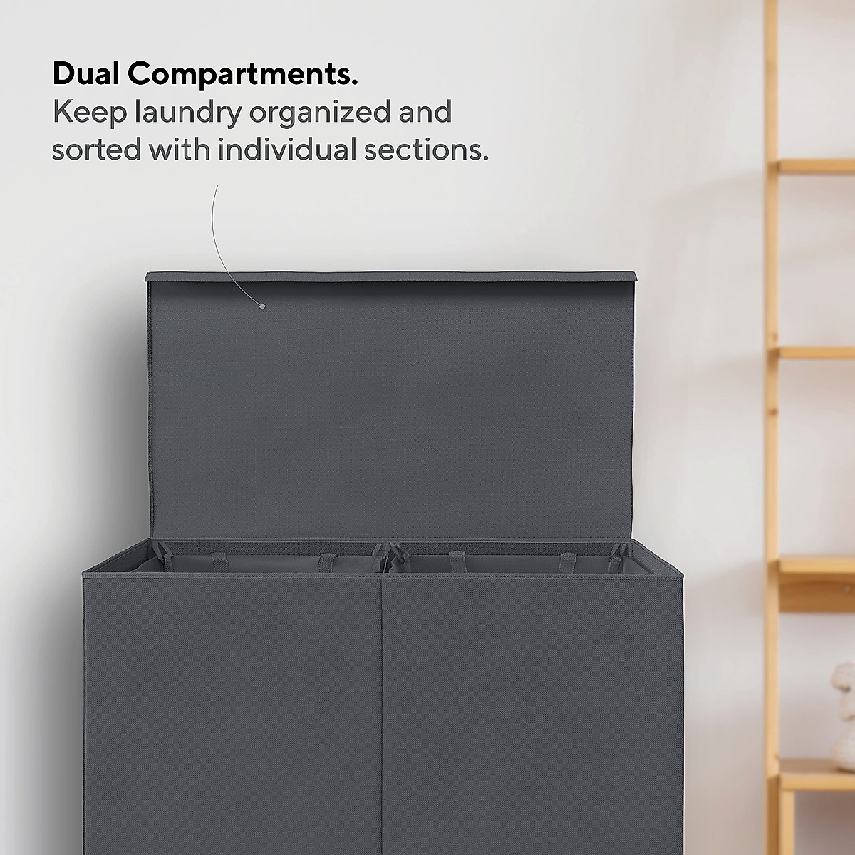 Double Laundry Hamper with Lid and Removable laundry Bags, Dirty Clothes Hamper - Collapsible Laundry Bin with 2 Compartment for Laundry Room, Bedroom, Bathroom, College Dorm, Oxford Collection, Grey