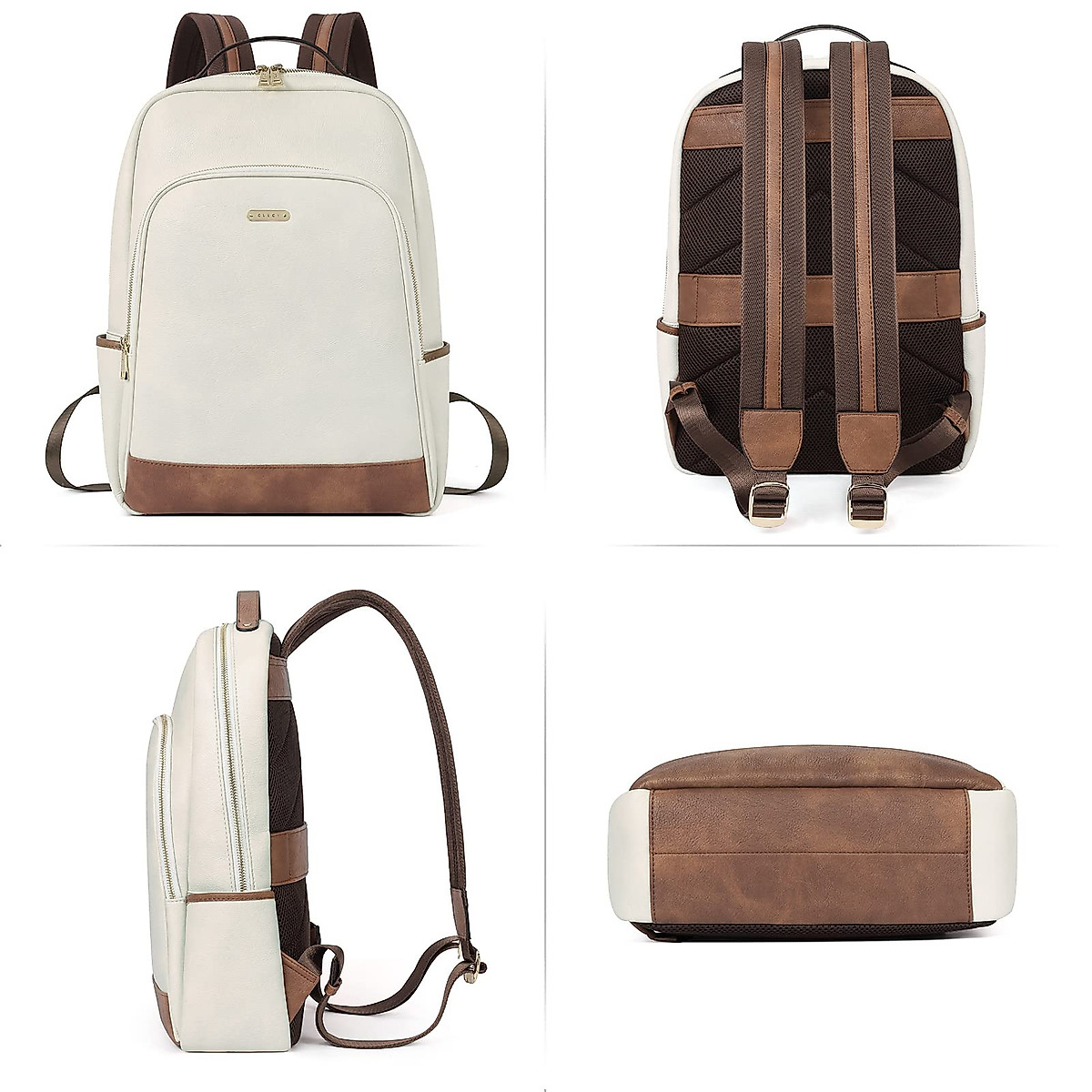 CLUCI Leather Laptop Backpack Purse for Women 15.6 inch Computer Backpack Business Casual Travel Daypack College Bag Beige with Brown