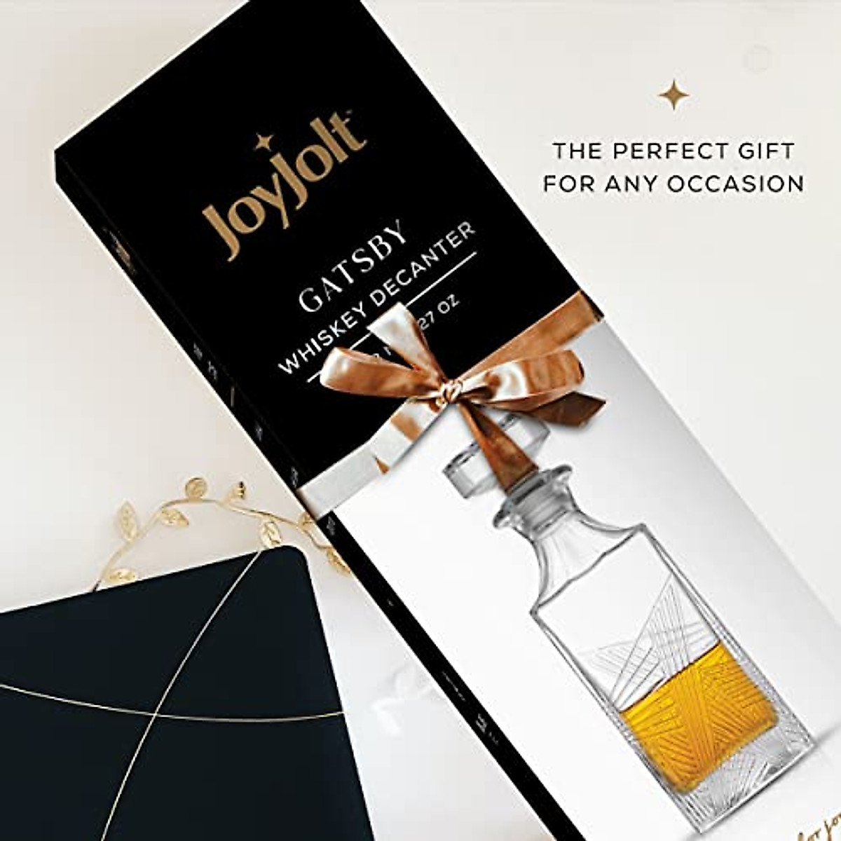 JoyJolt Gatsby Glass Whiskey Decanter. 27 oz Airtight Liquor Dispenser. Liquor Decanter with Stopper. Art Deco Bottle for Whisky, Bourbon, Scotch, Brandy, Cognac, Rum and Bar Cart Accessories