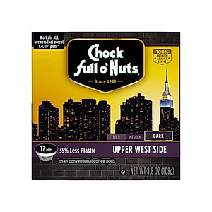 Chock Full o’Nuts Upper West Side Dark Roast, K-Cup Compatible Pods – Arabica Coffee in Eco-Friendly Keurig-Compatible Single Serve Cups, 12 Count (Pack of 1)