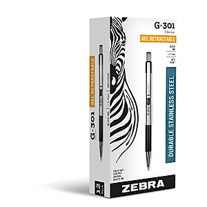 Zebra Pen G-301 Retractable Gel Ink Pen, Stainless Steel Barrel, Medium Point, 0.7mm, Black Ink, 12-Pack