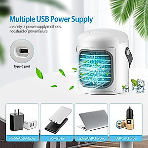 Portable Air Conditioner 4 in 1 Personal Air Cooler Fan with 4 Ice Tray USB Rechargeable Mini Quiet Evaporative Humidifier with 7 LED Light Battery Operated 3 Wind Speed Desktop Cooler for Home/Office