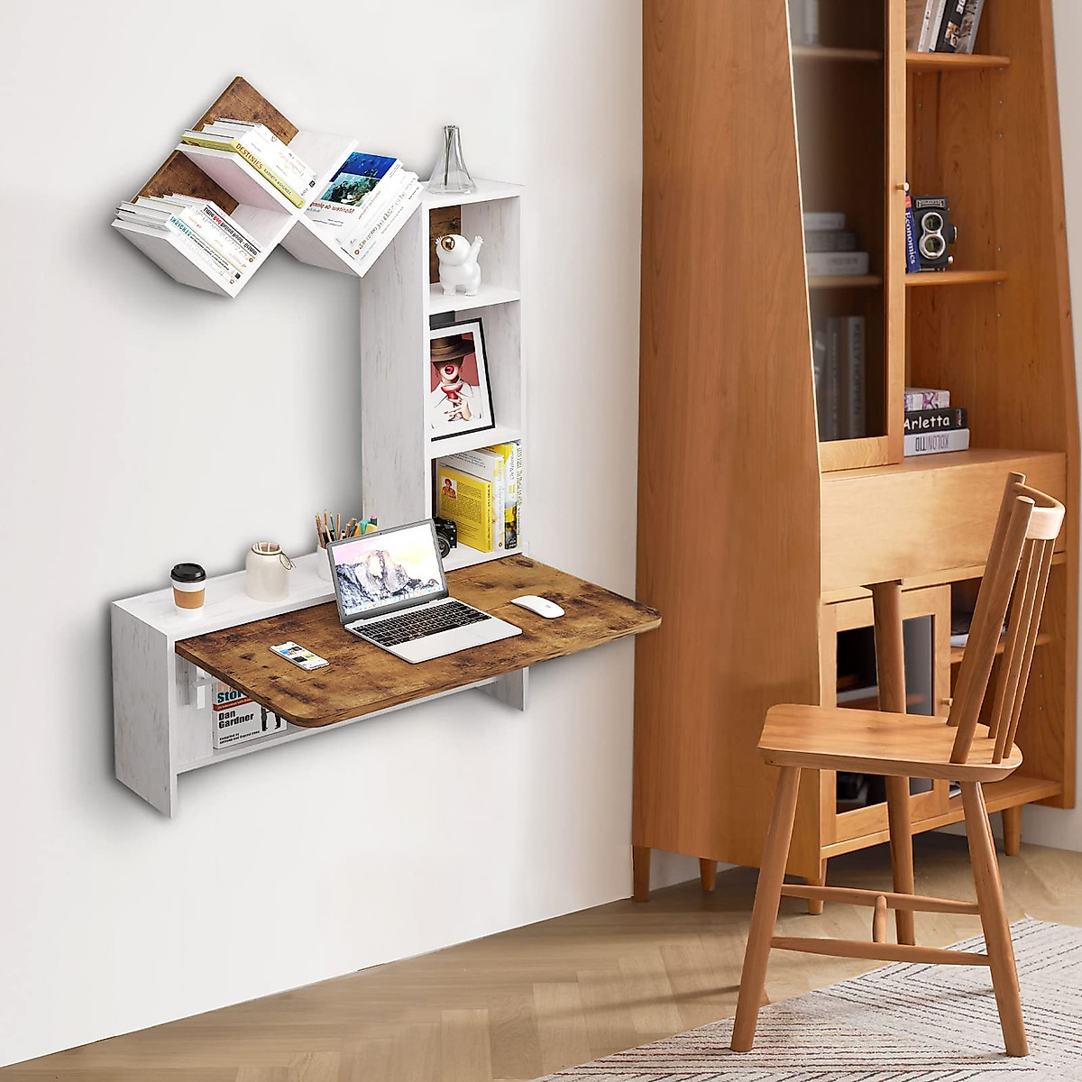 Bixiaomei 33'' Folding Wall Mounted Drop Leaf Table, Foldable Desk with Moveable Cabinets, Floating Laptop with Convertible Storage Shelves, Multifunctional Computer Workstation