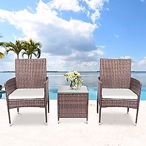 Recaceik, 2 upholstered top Dining （Brown） Patio, 3 Piece Set Outdoor Space-Saving Rattan Glass Tables and Chairs