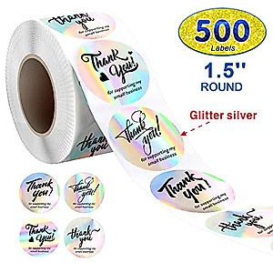 Padike 1.5" Thank You for Supporting My Small Business Stickers, 4 Designs, Highly Recommended for Small Business Owners and Online Sellers, 500 Labels Per Roll (Glitter Silver & Black, 1.5inch)
