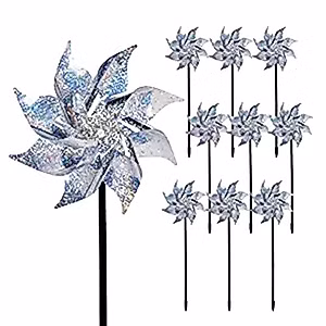 10 PCS Reflective Pinwheels with Stakes, Extra Sparkly Pin Wheel for Garden Yard Decor, Bird and Animal Deterrent Device to Scare Birds Away from Patio Farm