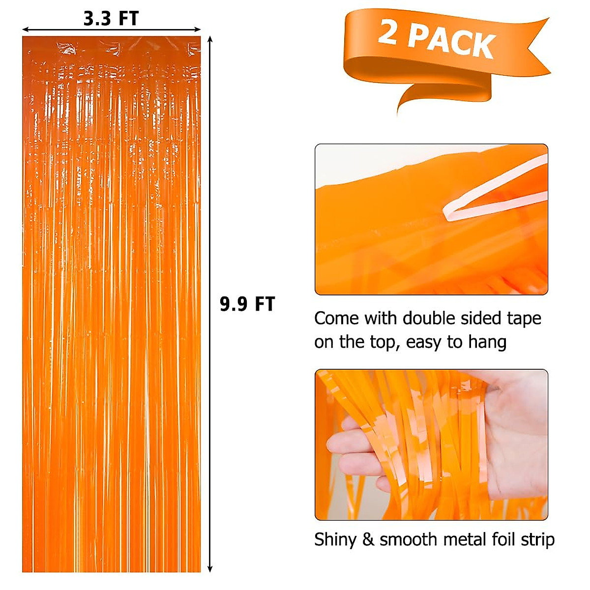 Slergut Orange Foil Fringe Curtains, 2 Pack 3.3 x 9.9 ft, Party Backdrop Decoration for Birthday, Graduation, Photo Booths, Table Decorations