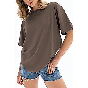 Trendy Queen Womens Oversized T Shirts Loose Fit Cotton Crewneck Short Sleeve Tops Summer Casual Blouse 2023 Y2K Basic Tee Brown