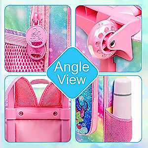 TXHVO 3PCS Rolling Backpack for Girls, Kids Rainbow Unicorn Bookbag with Roller Wheels, Cute Suitcase School Bag Set for Elementary Toddler