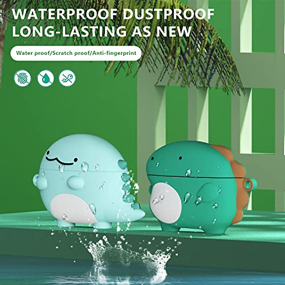 2 Pack Airpods Pro Case Cute,3D Kawaii Soft Silicone Cartoon Animal Fun Funny Cool Protective Cover Skin for Apple Airpod Pro Case with Keychain for Women Girls Boys Kid Teen-Dinosaur(Blue+Green)