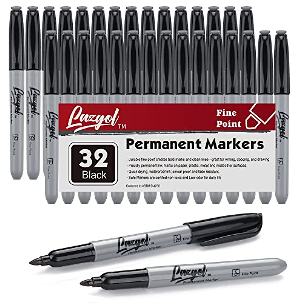 LAZGOL Permanent Markers Bulk, 32 Pack Black Permanent Marker Set, Fine Tip, Waterproof Markers, Premium Smear Proof Pens, Waterproof, Quick Drying, Office Supplies for School, Office, Home